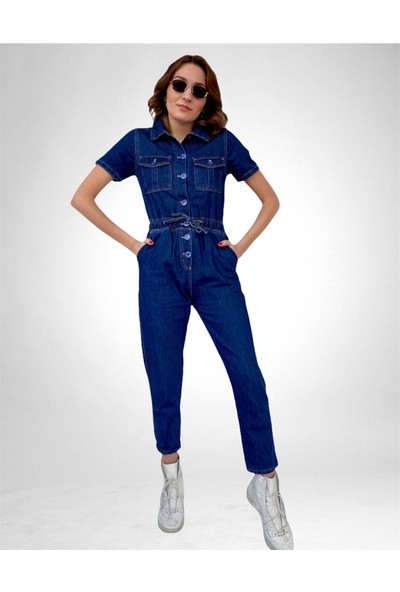 Key Moda Kadın Kot Tulum Kısa Kollu Mavi