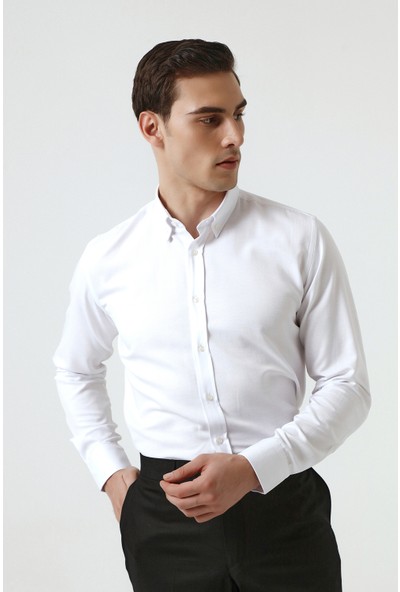 D's Damat Slim Fit Beyaz Armürlü Gömlek