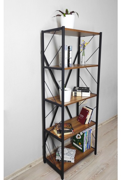 Metal 5 Katlı Kitaplık Dekoratif Raf Kitaplık Dosya Aksesuar Ceviz Raflı Metal Kitaplık