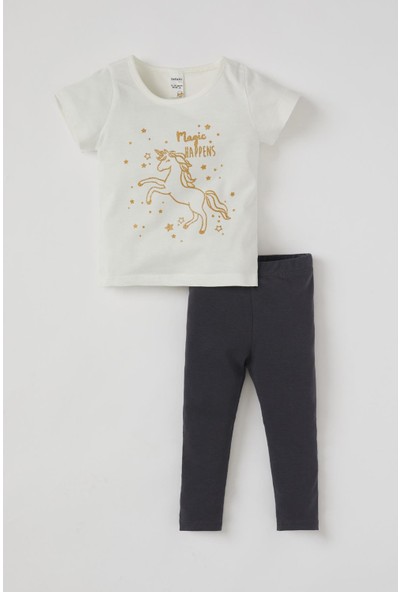 Defacto Kız Bebek Unicorn Baskılı Pamuklu Kısa Kol Tişört Ve Tayt Takımı U2186A221SP