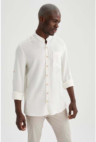 Defacto Modern Fit Hakim Yaka Uzun Kollu Keten Gömlek U3426AZ21SM
