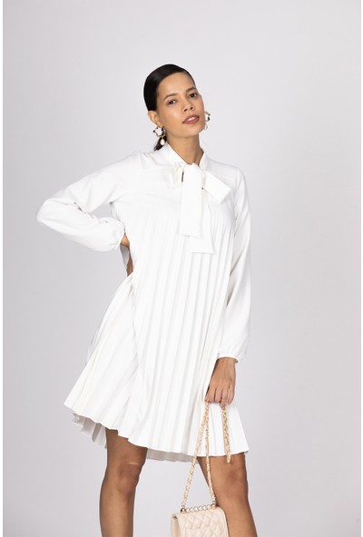 Luxxo Kadın Fularlı Beyaz Elbise Y0018