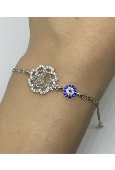 Gülüş Gümüş Tuğra ve Nazar Zirkon Taşlı Bileklik