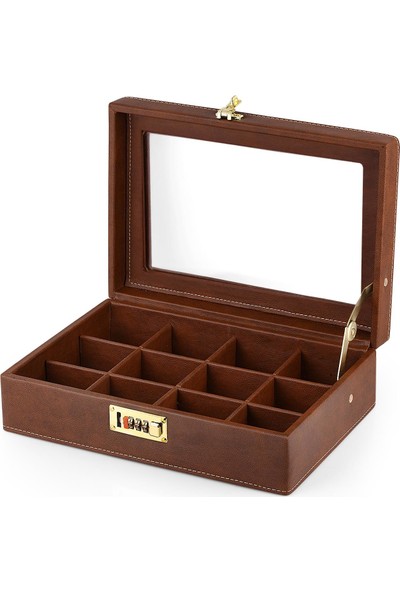 Noon Collection 12'li Şifreli Camlı Deri Kaplama Ahşap Kasa Kahverengi Takı Aksesuar Çantası NN9026 Noon Collection 12'li Şifreli Camlı Deri Kaplama Ahşap Kasa Kahverengi Takı Aksesuar Çantası NN9026