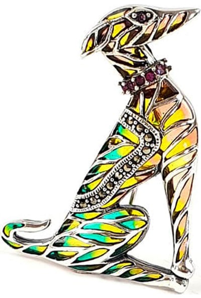 Ose Shop Özel Vitray Işçiliği Köpek Figürlü Tasarım Gümüş Yaka Iğnesi ve Kolye