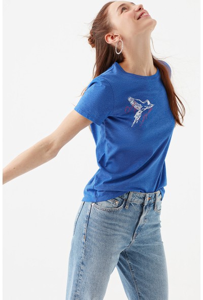 Mavi Kadın Kuş Baskılı Mavi Tişört 1600840-34081