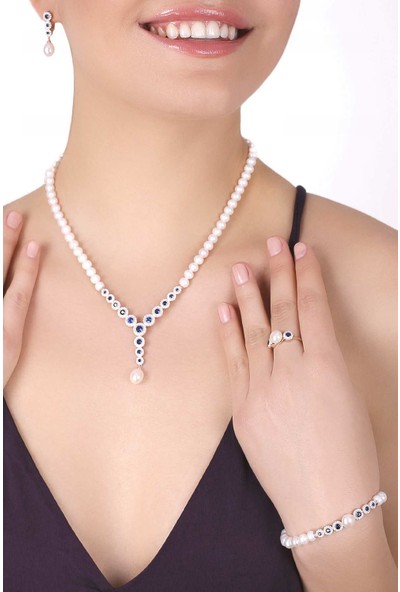 Lulu Safir Taşlı Incili Gümüş Set