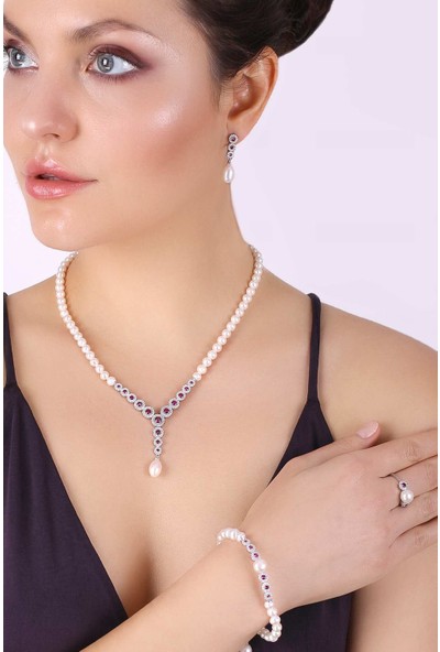 Lulu Pembe Kuvars Gümüş Inci Set