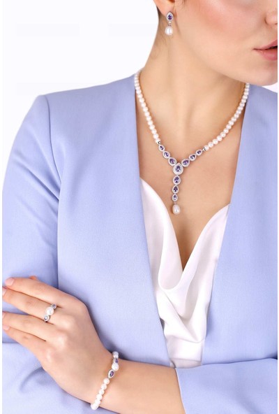 Lulu Incili Damla Ametist Taşlı Gümüş Set