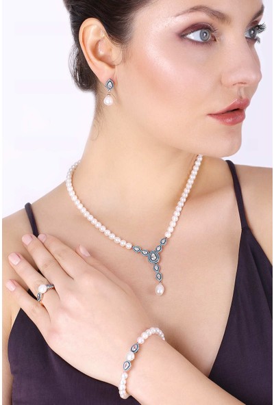 Lulu Turkuaz Taşlı Incili Gümüş Set