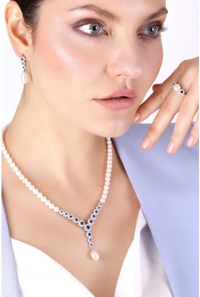 Lulu Mavi Taşlı Elmas Model Incili Gümüş Set