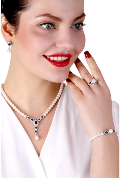 Lulu Yesil Damla Taşlı Incili Gümüş Set