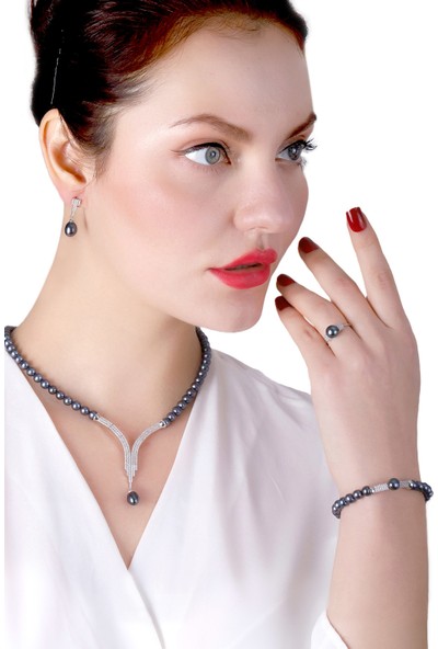 Lulu Siyah Incili Gümüş Set