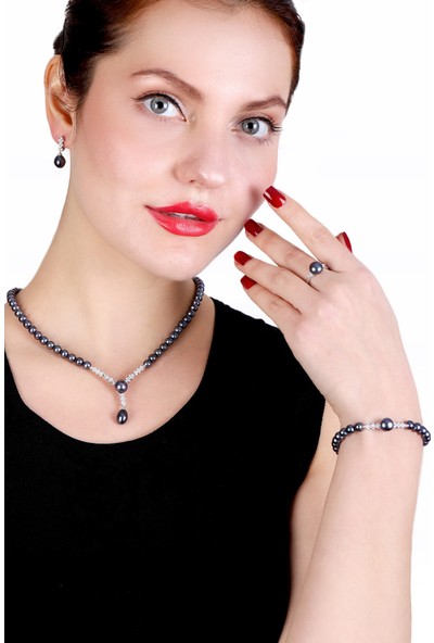 Lulu Siyah Incili Su Yolu Gümüş Set