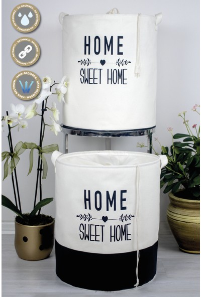 Rope Home 2'li Home Sweet Home Baskılı Beyaz Silindir Sepet Rope Home 2'li Home Sweet Home Baskılı Beyaz Silindir Sepet