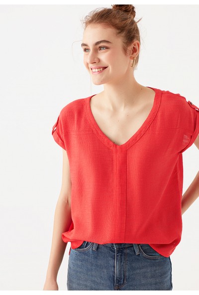 Mavi Kadın V Yaka Kırmızı Bluz 122504-30648