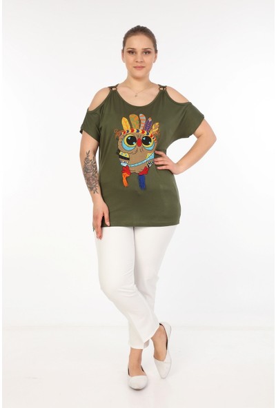 Womenice Kadın Haki Önü Baykuş Nakış Işlemeli Büyük Beden Bluz