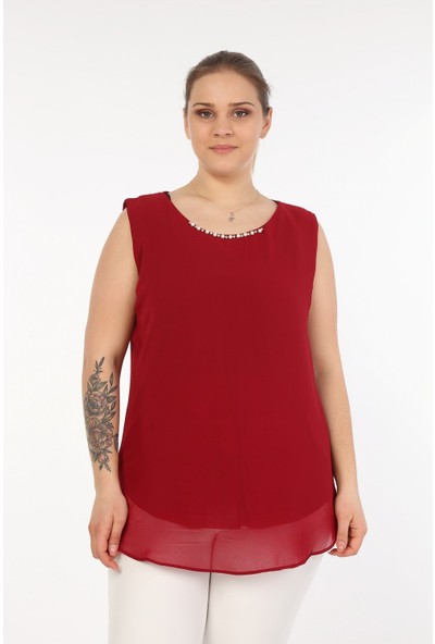 Womenice Kadın Bordo Sıfır Kol Yakası Incili Büyük Beden Bluz