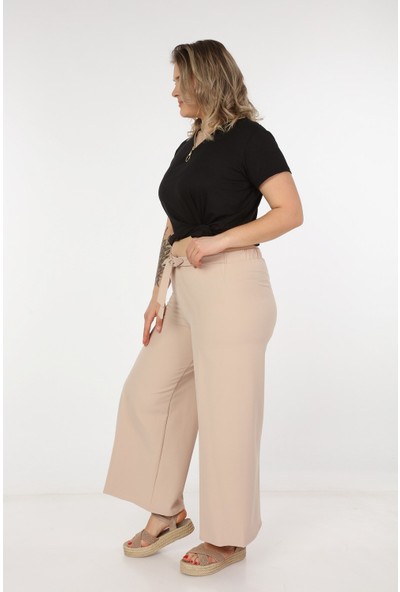 Womenice Kadın Büyük Beden Krem Kurdelalı Bol Paça Pantolon