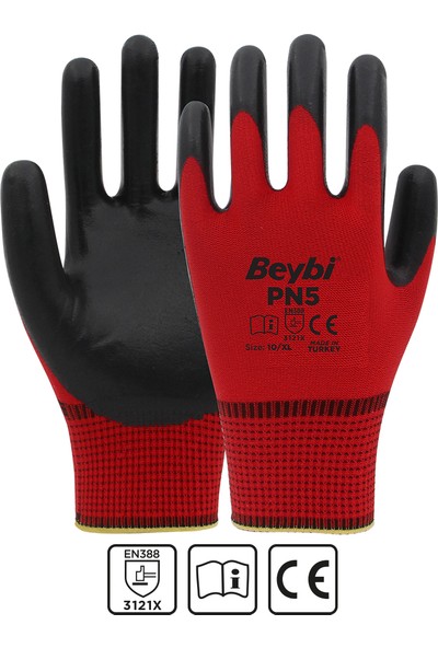 Beybi Nitril Polyester Pn5 Kırmızı-Siyah No:10 12 Çift Beybi Nitril Polyester Pn5 Kırmızı-Siyah No:10 12 Çift