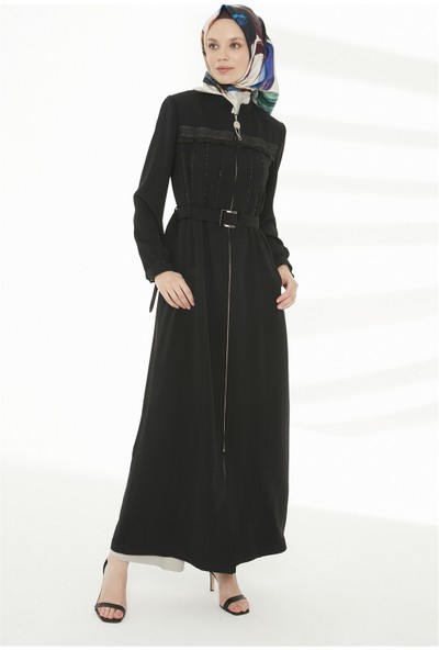 Zühre Nakış Detaylı Siyah Pardesü 12443