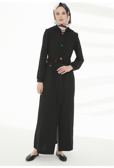 Zühre Işleme ve Kapüşon Detaylı Siyah Pardesü 12493