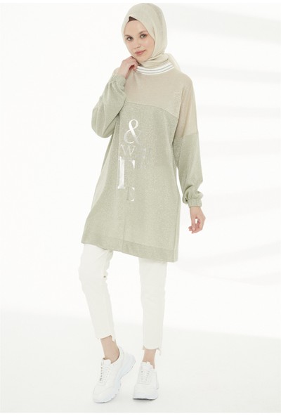 Zühre Ribana Baskı Yazılı Detaylı Yeşil/bej Tunik T-0962