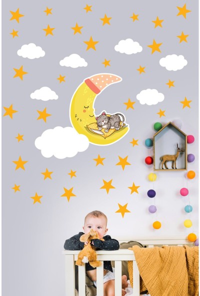 Visare Ay Dede ve Bulutlar + 100 Adet Turuncu Yıldız Duvar Sticker Seti - Çocuk Bebek Odası Visare Ay Dede ve Bulutlar + 100 Adet Turuncu Yıldız Duvar Sticker Seti - Çocuk Bebek Odası