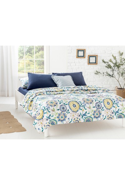Chrysant Baskılı Çift Kişilik Pike 200X220 cm Mavi