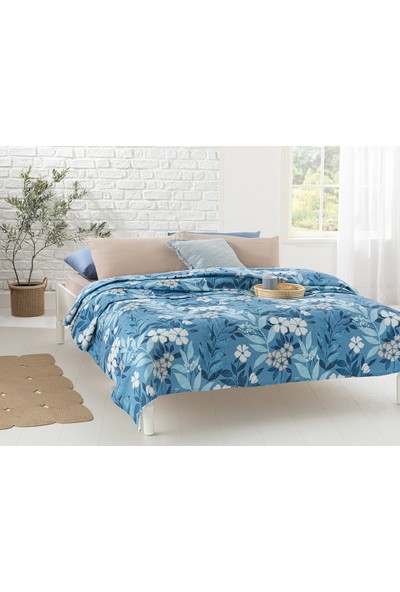 Summer Garden Baskılı Çift Kişilik Pike 200X220 cm Mavi