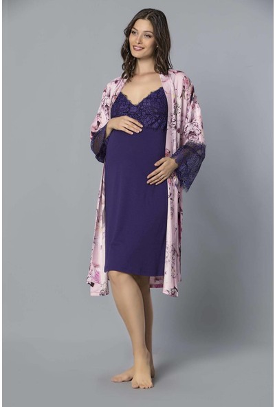 Monamise 18072 Hamile Lohusa Sabahlıklı Gecelik Takım - Mor