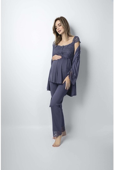 Monamise 18211 Hamile Lohusa Sabahlıklı Pijama Takım - Lacivert