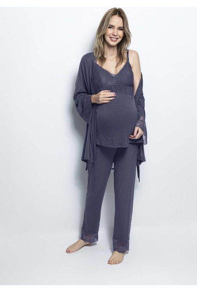 Monamise 18432 Hamile Lohusa Sabahlıklı Pijama Takım - Lacivert
