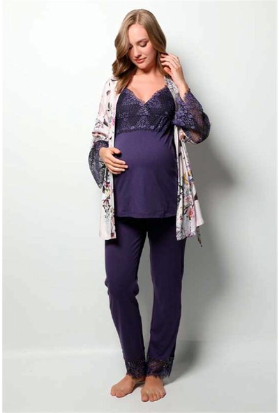 Monamise 18443 Hamile Lohusa Sabahlıklı Pijama Takım - Mor