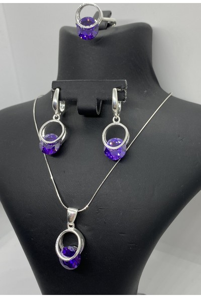 Gülüş Gümüş Ametist Taşlı Halka Gümüş Takı Seti