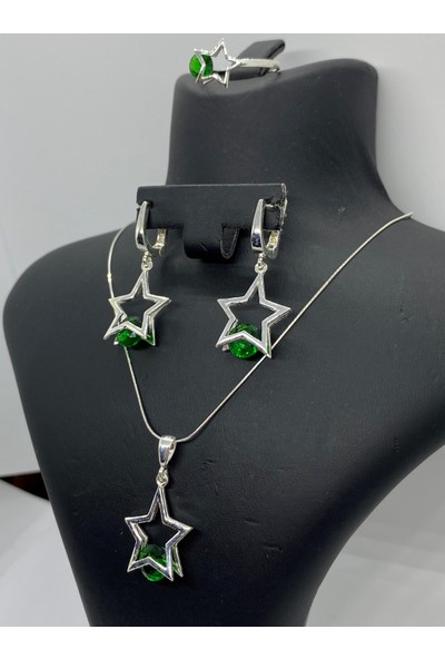 Gülüş Gümüş Zümrüt Zirkon Taşlı Yıldız Takı Seti Yeşil