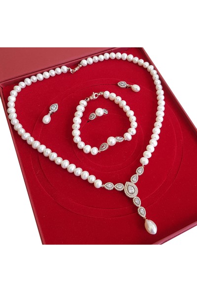 Chavin Inci Rose Gümüş Kolye Küpe Bileklik Yüzük Takım Set EI71RS