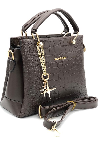 Michael Polo Üç Bölmeli Çapraz Askılı Timsah Desenli El ve Omuz Çantası