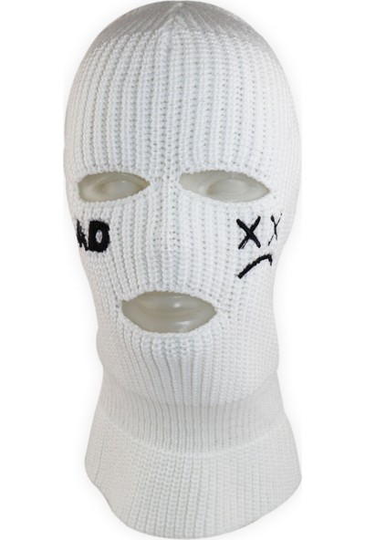 Zirve Şapka Ünisex 3 Gözlü Sad Yazılı Beyaz Kar Maskesi
