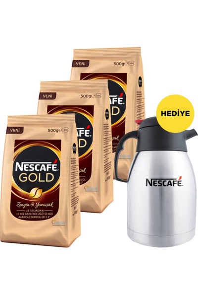 Nescafe Gold Hazır Kahve Eko Paket 500 gr x 3 + Termos Nescafe Gold Hazır Kahve Eko Paket 500 gr x 3 + Termos