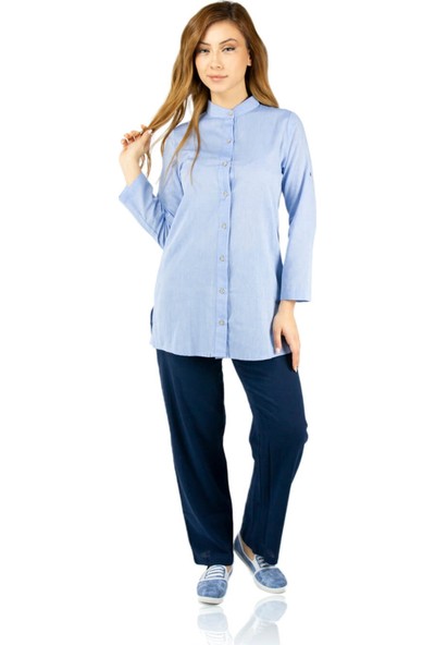 Eliş Şile Bezi Kadın Şile Bezi Hakim Yaka Tunik Mavi