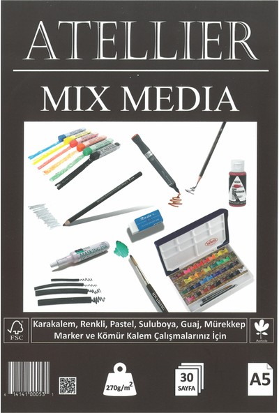 hobi24 Atellier Mix Media Spiralli Defter A5 270 gr 30 Yaprak