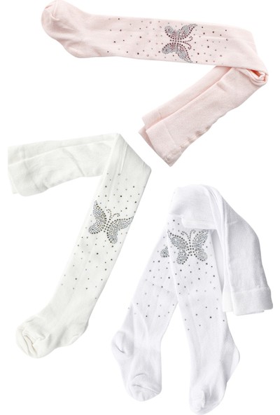 Semoor Kız Külotlu Çorap Kelebek Taş Baskılı Pamuklu (Penye) 3'lü