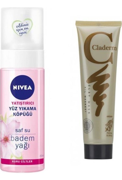 Nivea Yatıştırıcı Yüz Yıkama Köpüğü 150 ml + Claderm Kil Maske Argan 50 ml Nivea Yatıştırıcı Yüz Yıkama Köpüğü 150 ml + Claderm Kil Maske Argan 50 ml