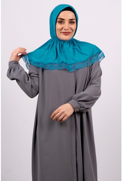 Hürrem Kadın Mavi Çıtçıtlı Dantelli Pratik Tesettür
