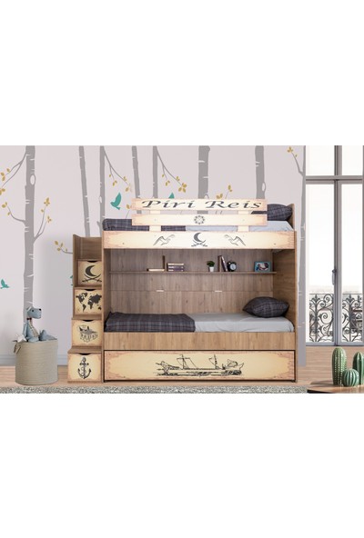 Güven Mobilya Piri Reis Baskılı 90 x 190 cm 3 Yataklı Yavrulu Ranza