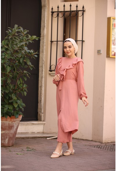 Abay Giyim Ayrobin Fırfırlı Takım - Pudra