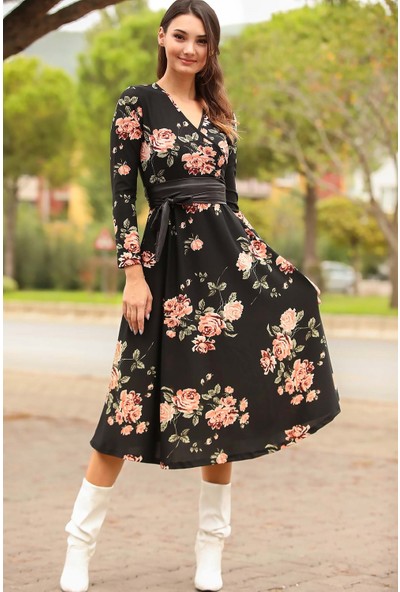 Kasheha Kadın Siyah Kuşaklı Çiçek Desenli Kruvaze Yaka Elbise - KAD3325313
