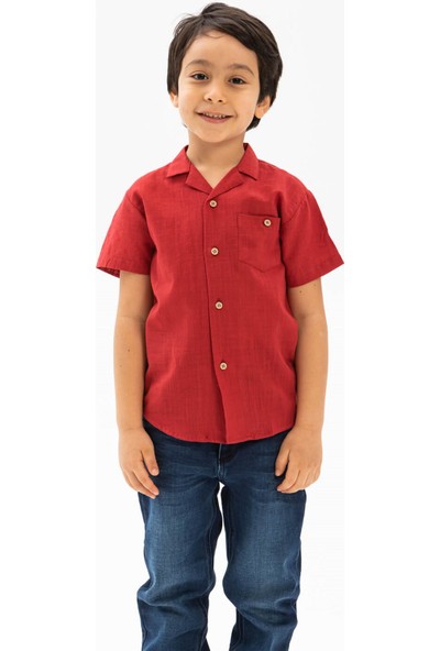Eliş Şile Bezi Kısa Kol Şile Bezi Erkek Çocuk Gömlek Kırmızı