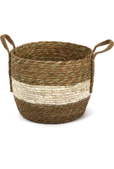 Greenifolia Cassie Beyaz Şeritli Hasır Sepet L